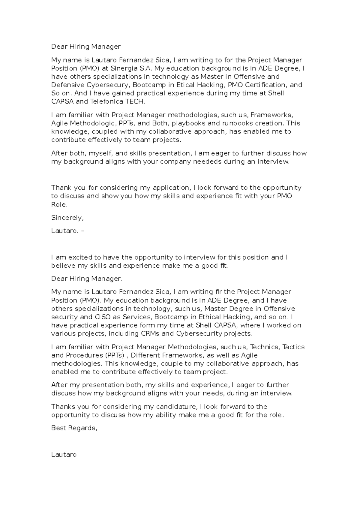Practica Writing Cover Letter - Dear Hiring Manager My name is Lautaro ...