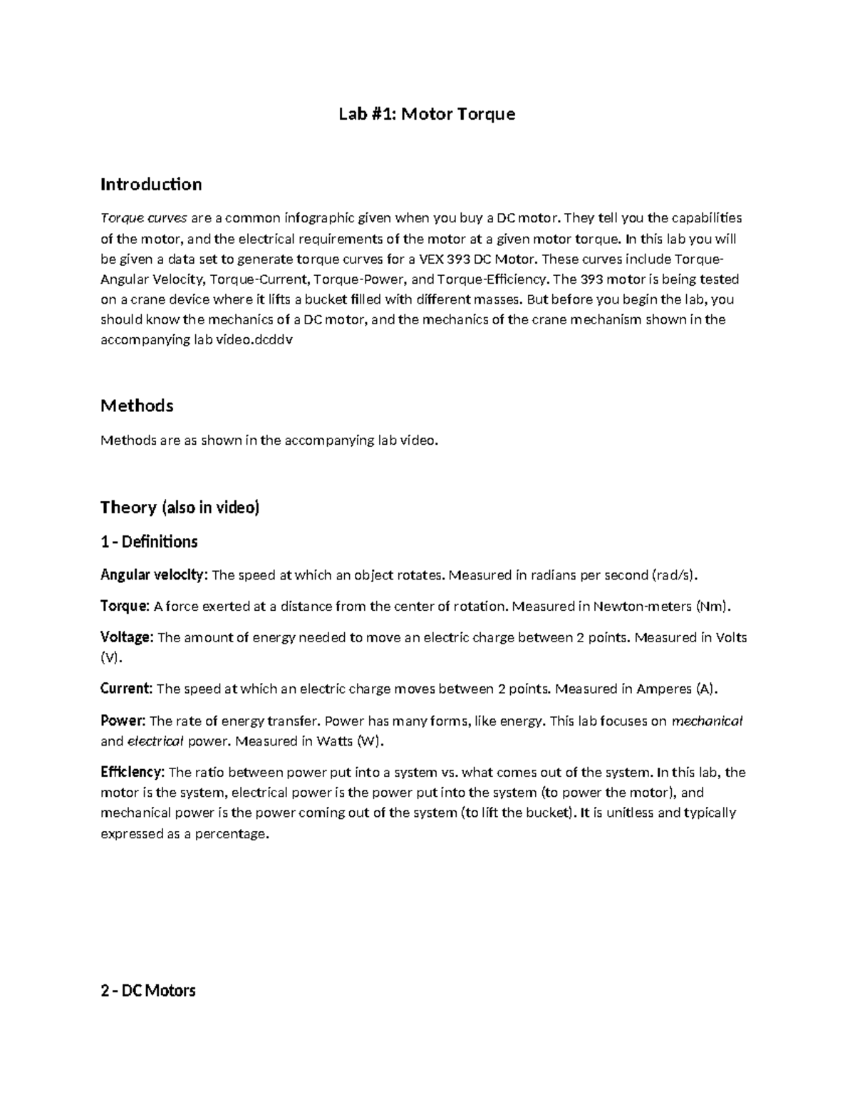 Student Handout - Lab #1: Motor Torque Introduction Torque curves are a common infographic given ...