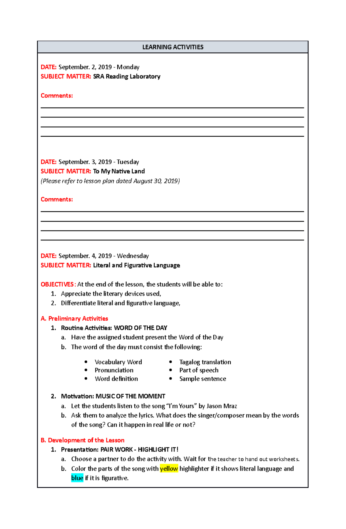 English 7 Q2 LP W2 - lesson plan - LEARNING ACTIVITIES DATE: September. 2, 2019 - Monday SUBJECT ...