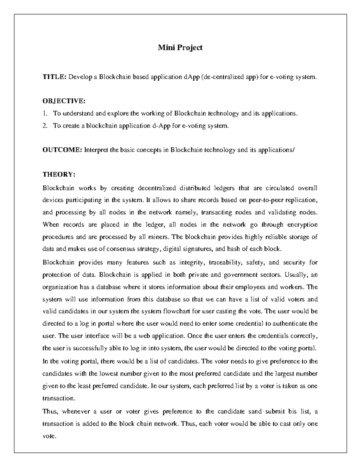 Blockchain Technology Mini Project - Mini Project TITLE: Develop a ...