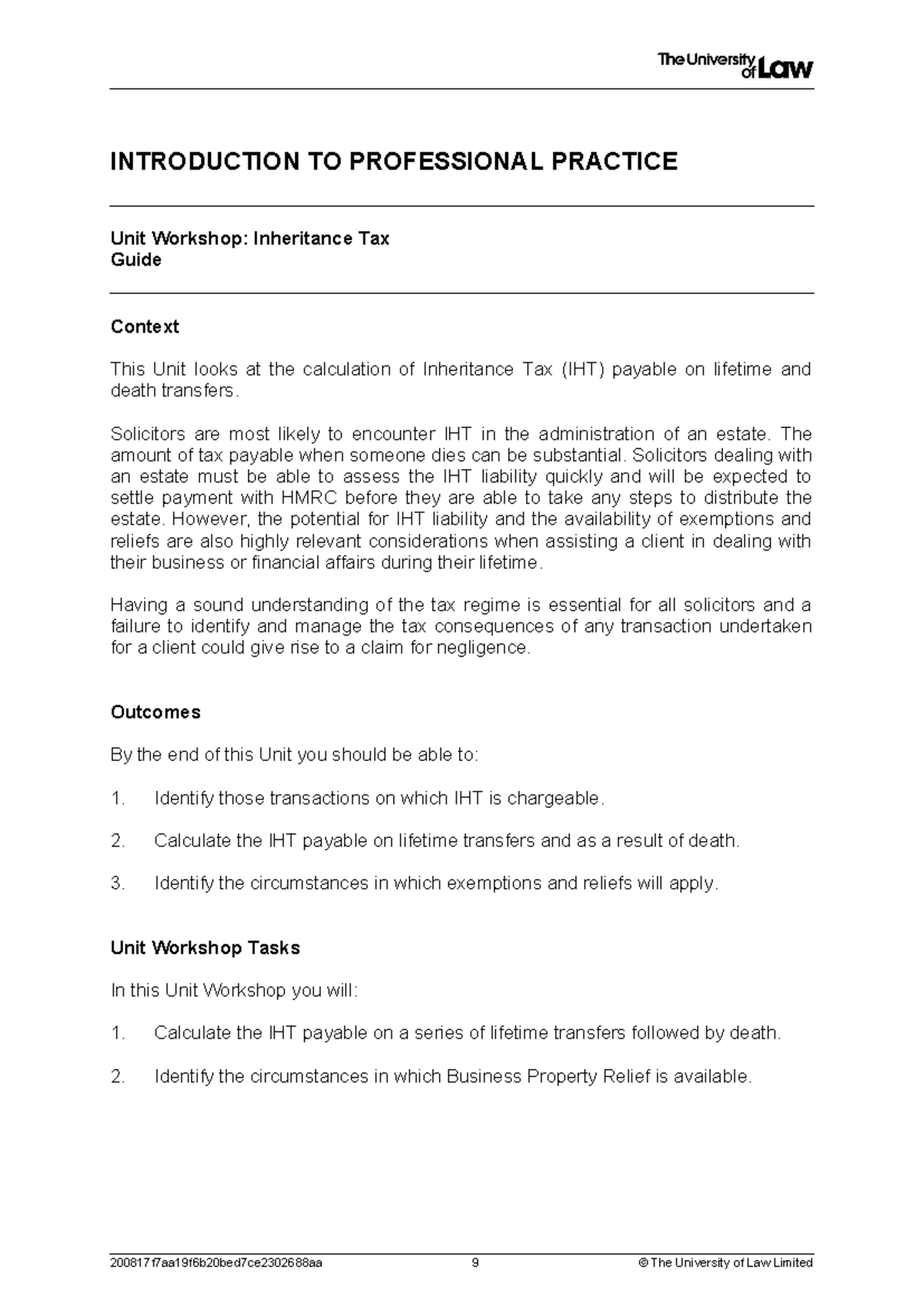 Inheritence Tax - Inheritance Tax - INTRODUCTION TO PROFESSIONAL PRACTICE Unit Workshop ...