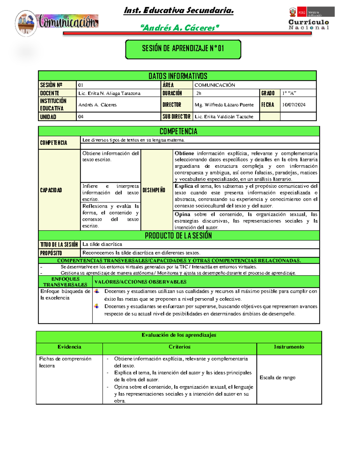 sesión de tilde diacritica de primer año de secundaria - “Andrés A ...