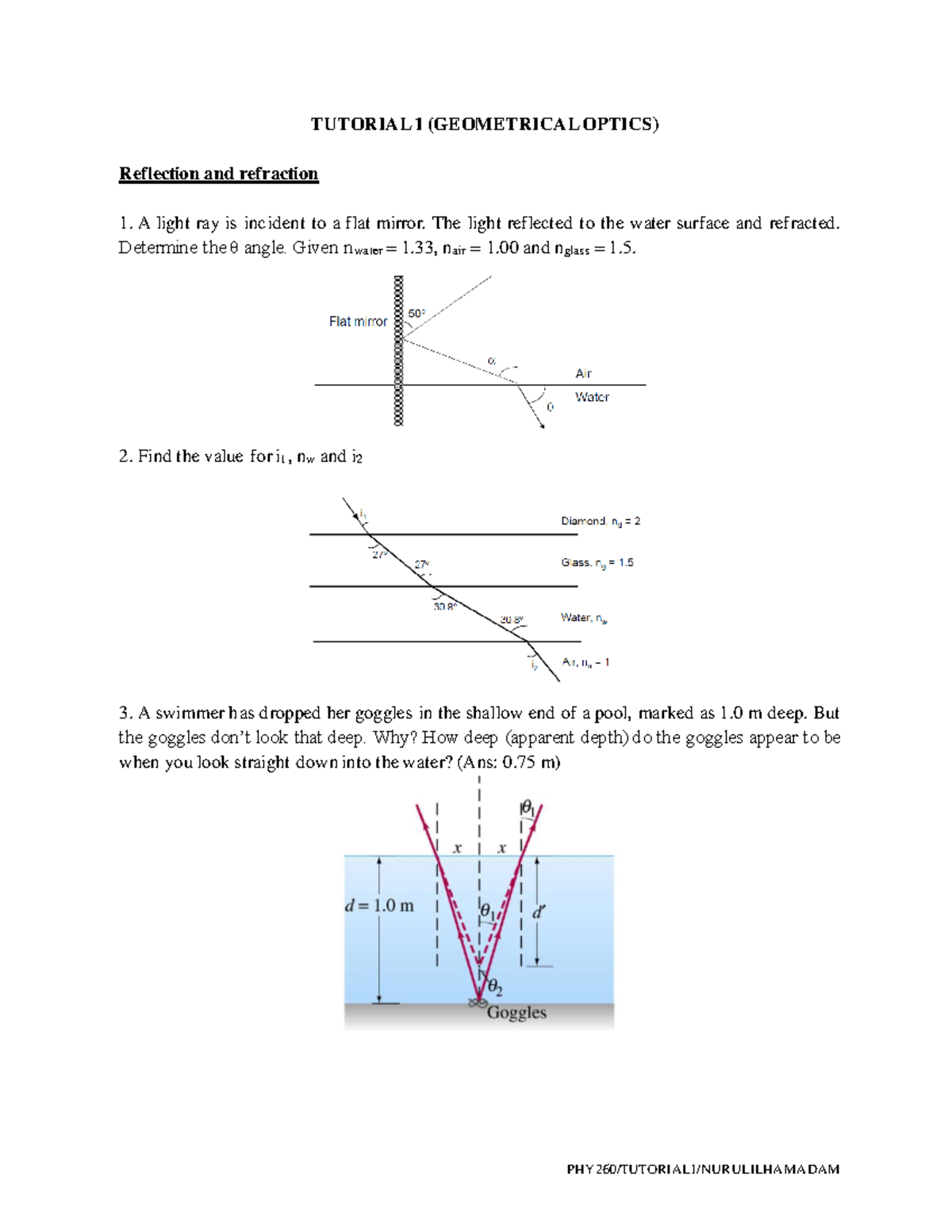 Tutorial 1 PHY260 - TUTORIAL 1 (GEOMETRICAL OPTICS) Reflection and refraction A light ray is ...