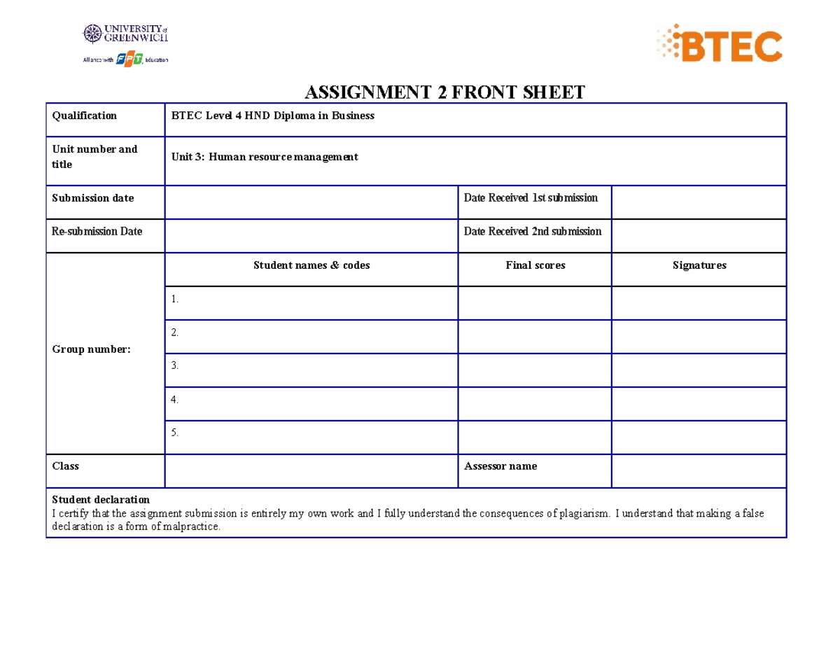 487.Assignment 2 frontsheet (2020 - 2021) - ASSIGNMENT 2 FRONT SHEET Qualification BTEC Level 4 ...