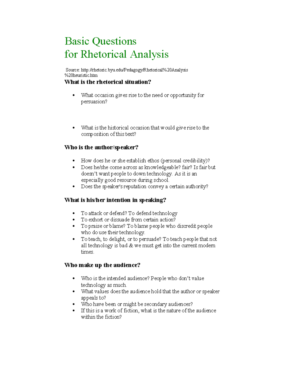 Basic Questions - Basic Questions for Rhetorical Analysis Source: - Studocu