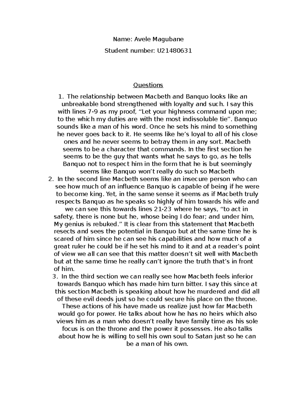 English, Macbeth test - Lecture notes 3 - Name: Avele Magubane Student ...