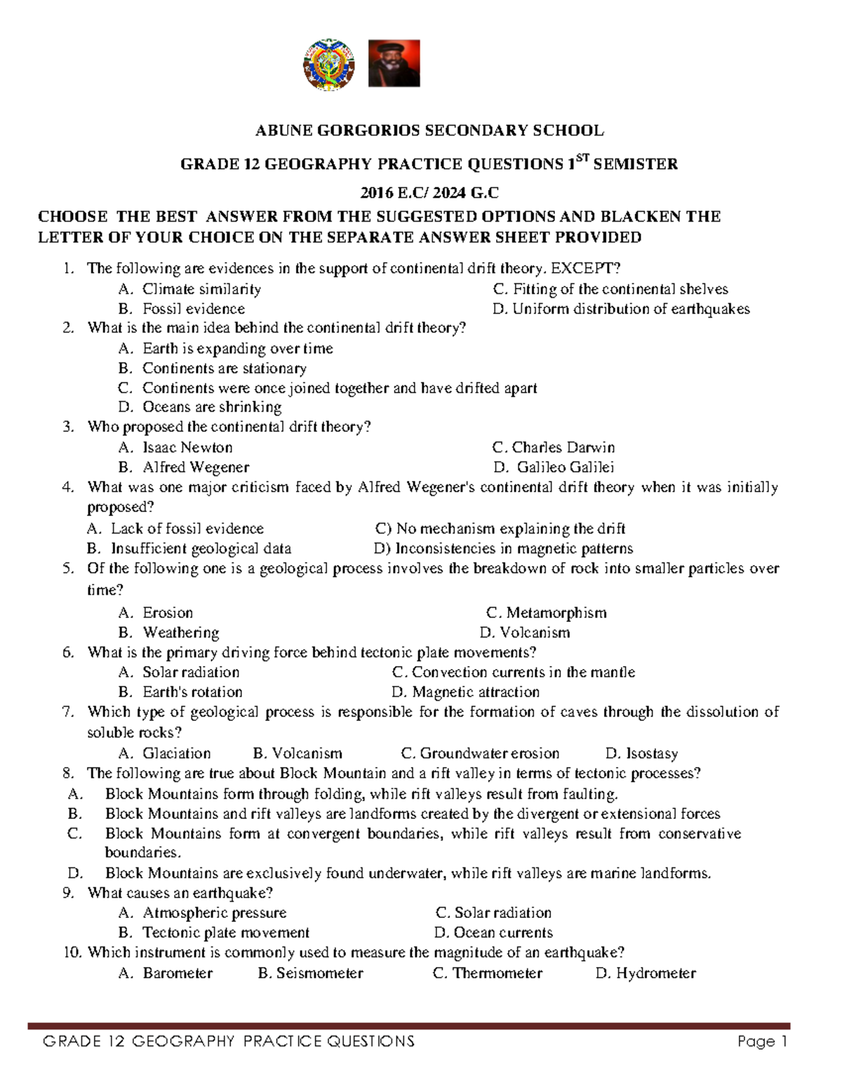 2016 E.C Geography - ABUNE GORGORIOS SECONDARY SCHOOL GRADE 12 ...