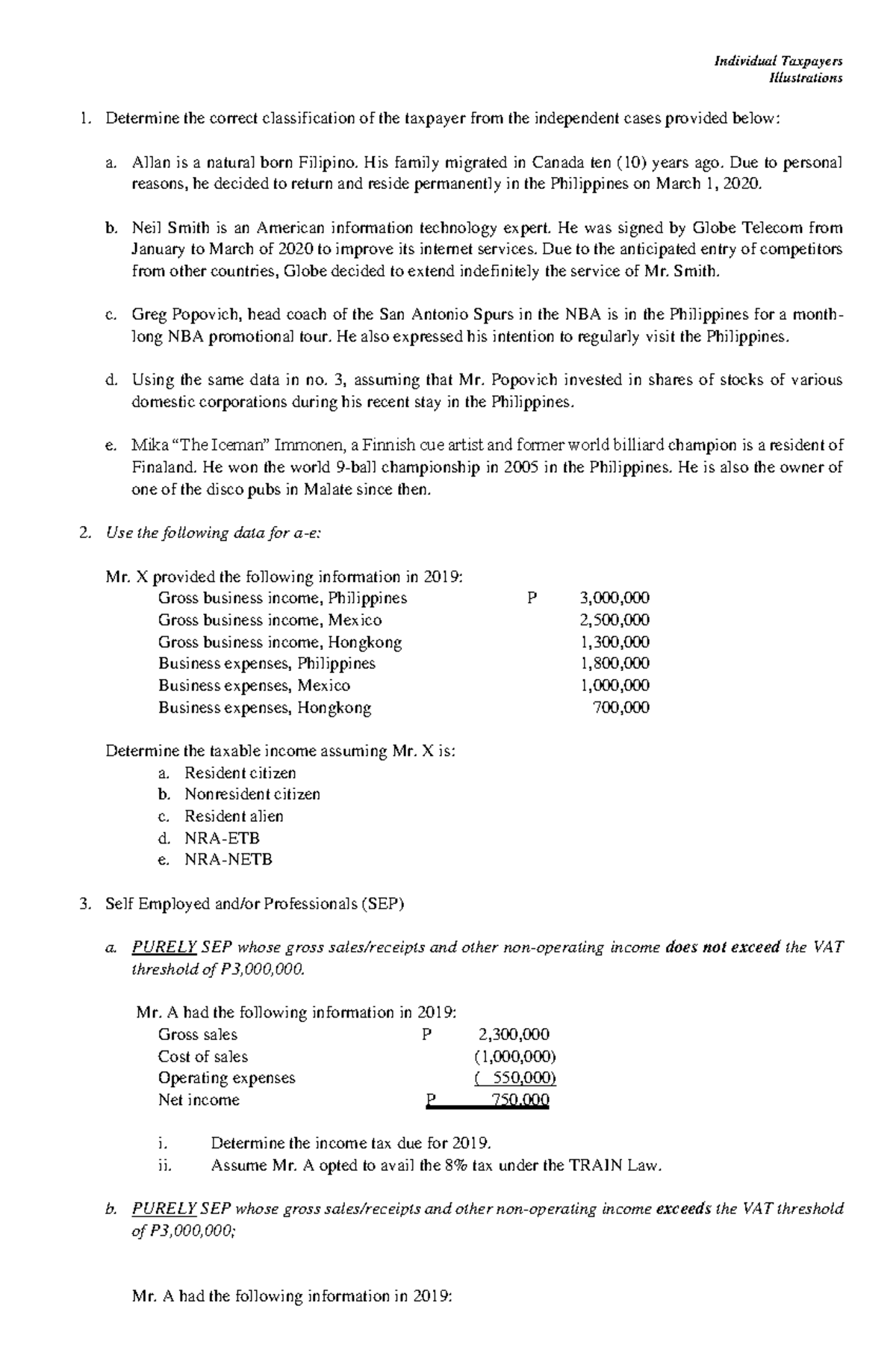 Individual Taxpayers - Sample Problems - Illustrations Determine the ...