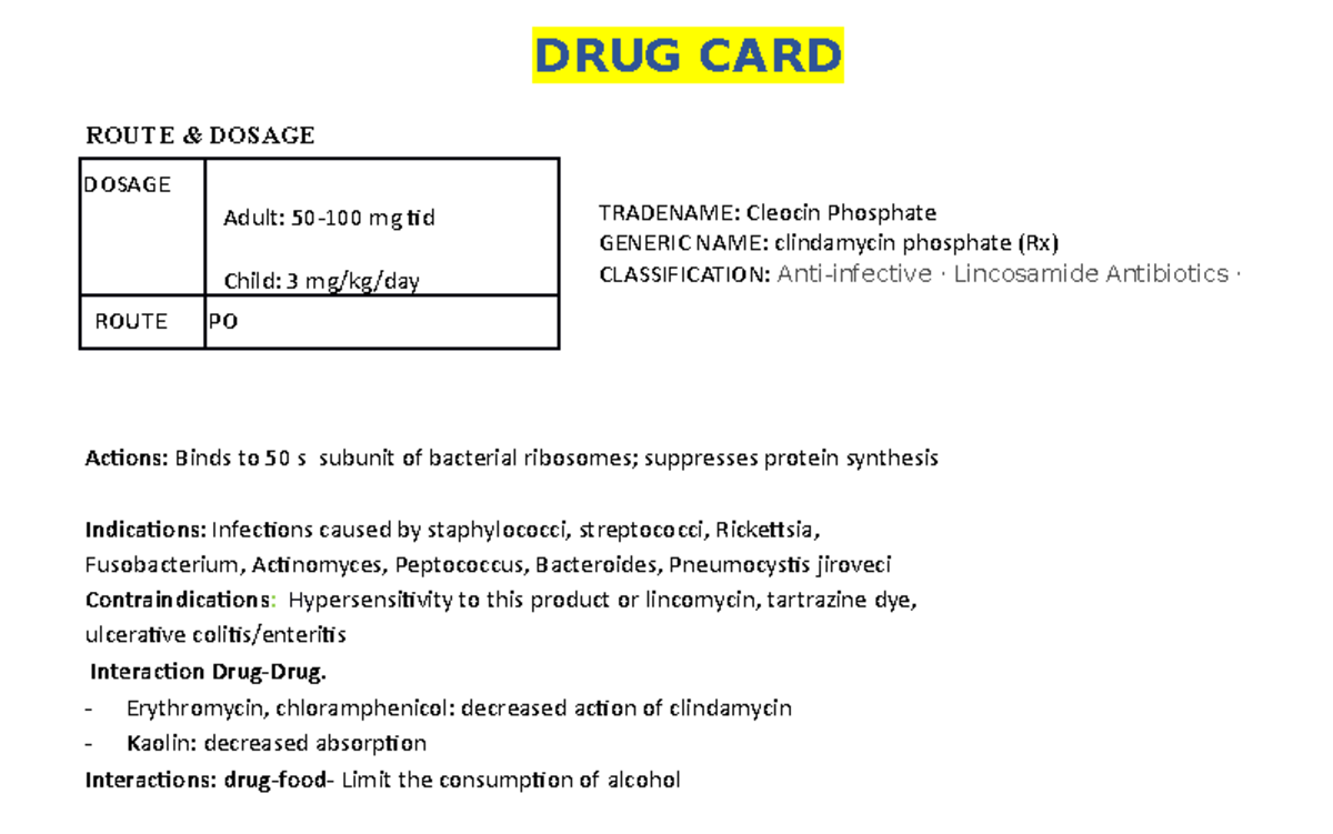 Clindamycin - DRUG CARDS EXPLAINED - DRUG CARD ROUTE & DOSAGE TRADENAME ...