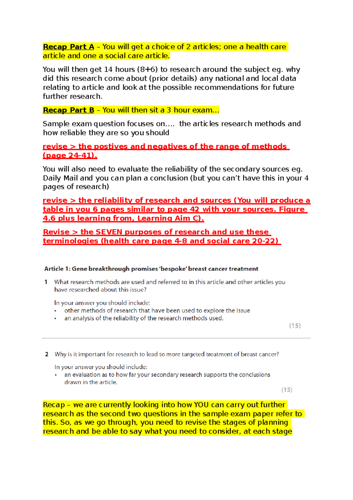 Revision advice and recap - Recap Part A – You will get a choice of 2 ...