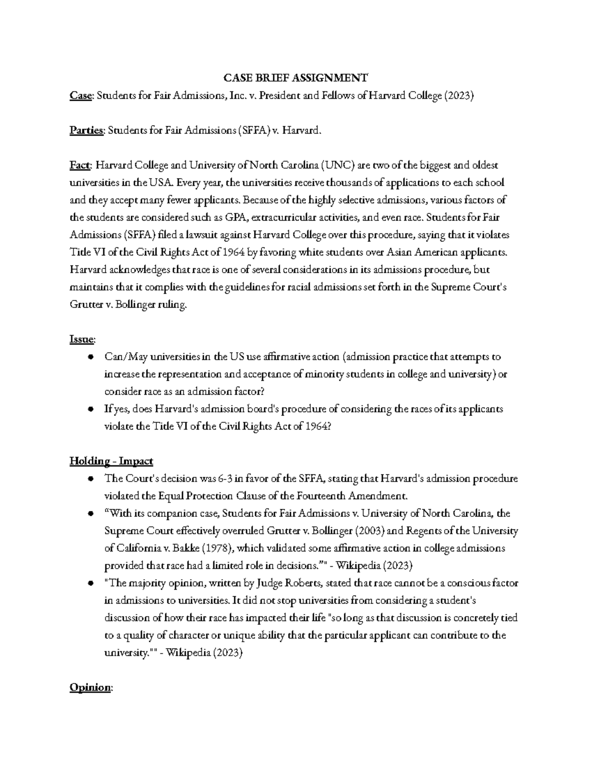 CASE Brief Assignment - CASE BRIEF ASSIGNMENT Case: Students for Fair ...