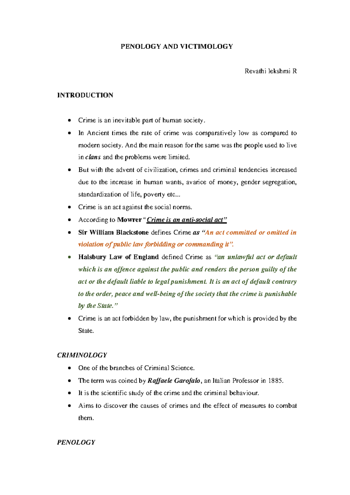 P&V Notes - oxfordoxford - PENOLOGY AND VICTIMOLOGY Revathi lekshmi R ...