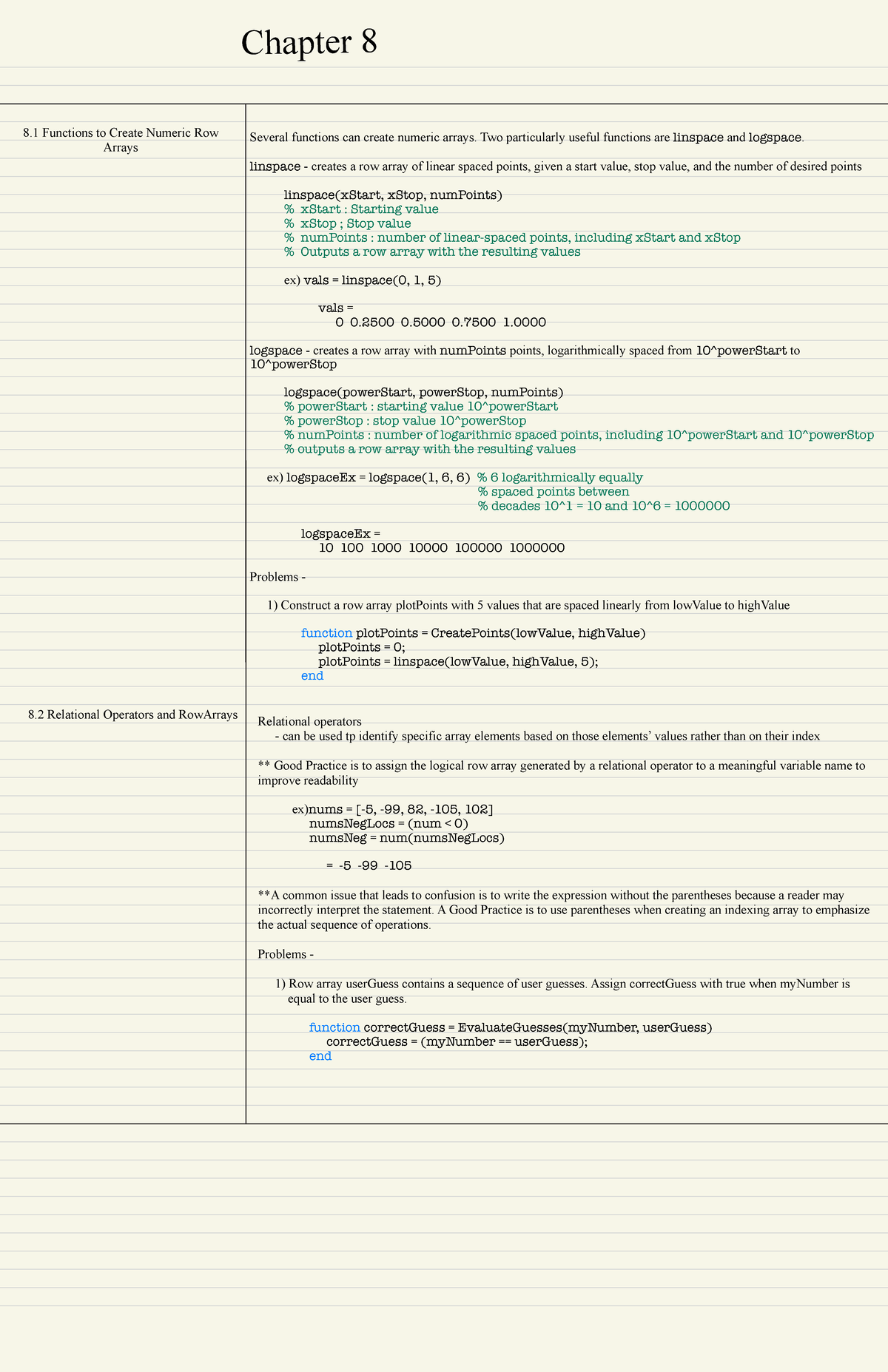 Chapter 8 - Chapter 8 8 Functions to Create Numeric Row Arrays Several ...