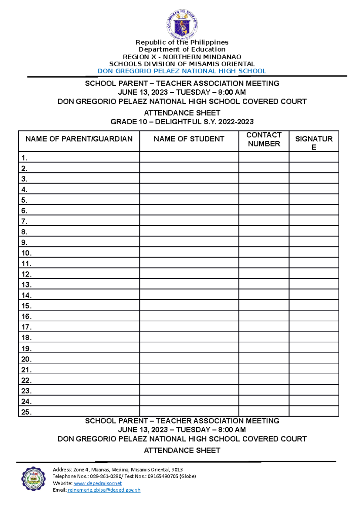 SPTA- Attendance - Department of Education REGION X - NORTHERN MINDANAO ...