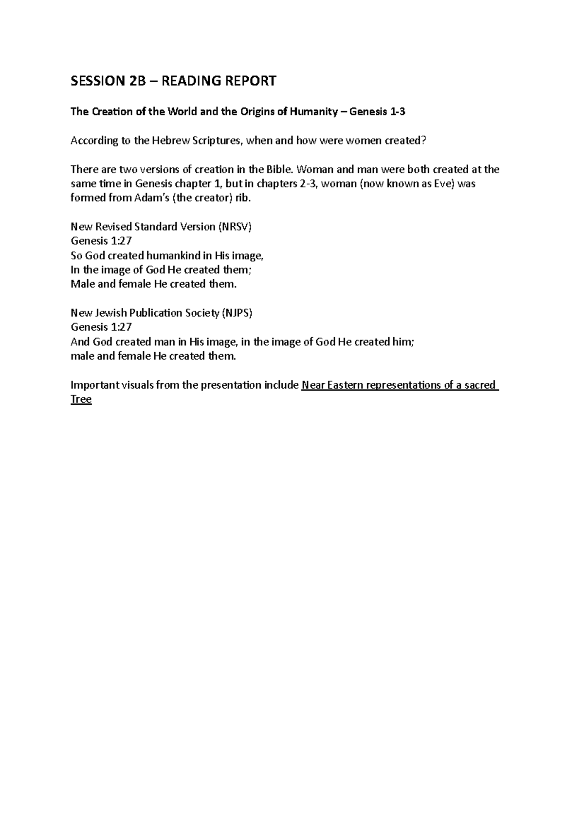 The Creation of the World Genesis 1-3 - SESSION 2B – READING REPORT The ...