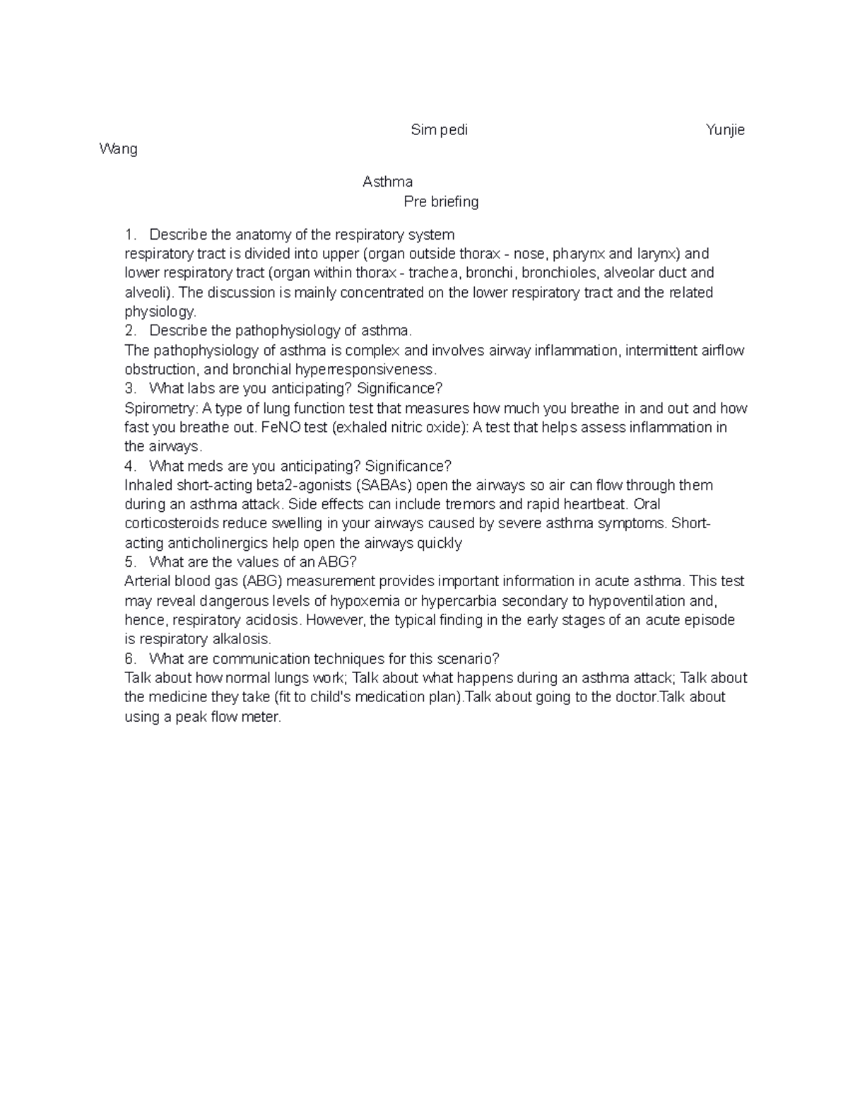 Sim pedi.asthma pre briefing 1 - Sim pedi Yunjie Wang Asthma Pre ...