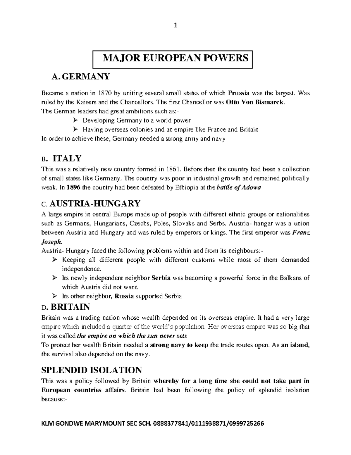 World History KLM-1 - MAJOR EUROPEAN POWERS A. GERMANY Became a nation ...