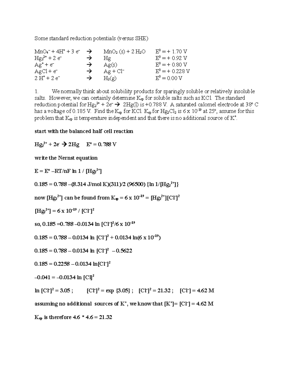 Electrochem practice answers - Some standard reduction potentials ...
