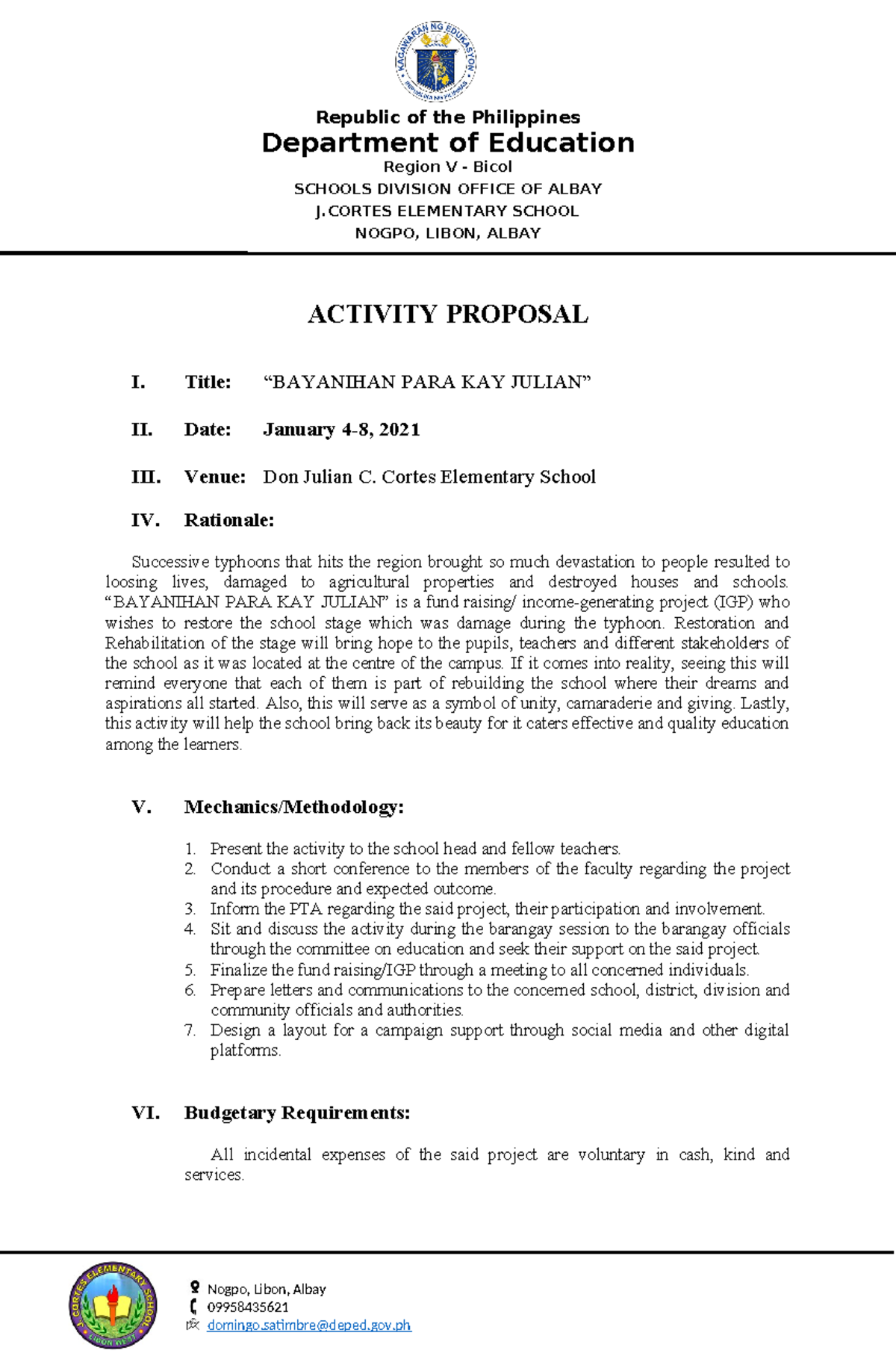 Activity Proposal - Nogpo, Libon, Albay 09958435621 Department of ...