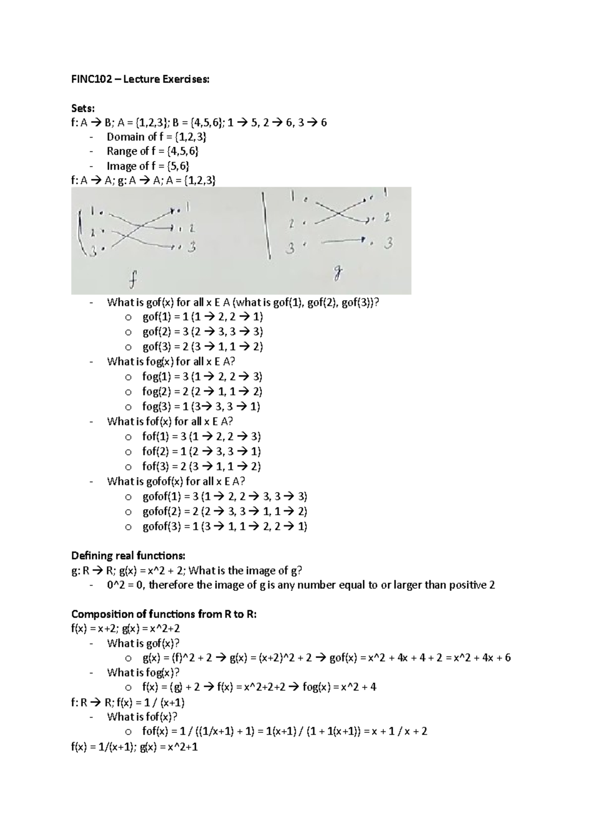 FINC102 - Lecture Exercises - FINC102 – Lecture Exercises: Sets: f: A B; A = {1,2,3}; B = {4,5,6 ...
