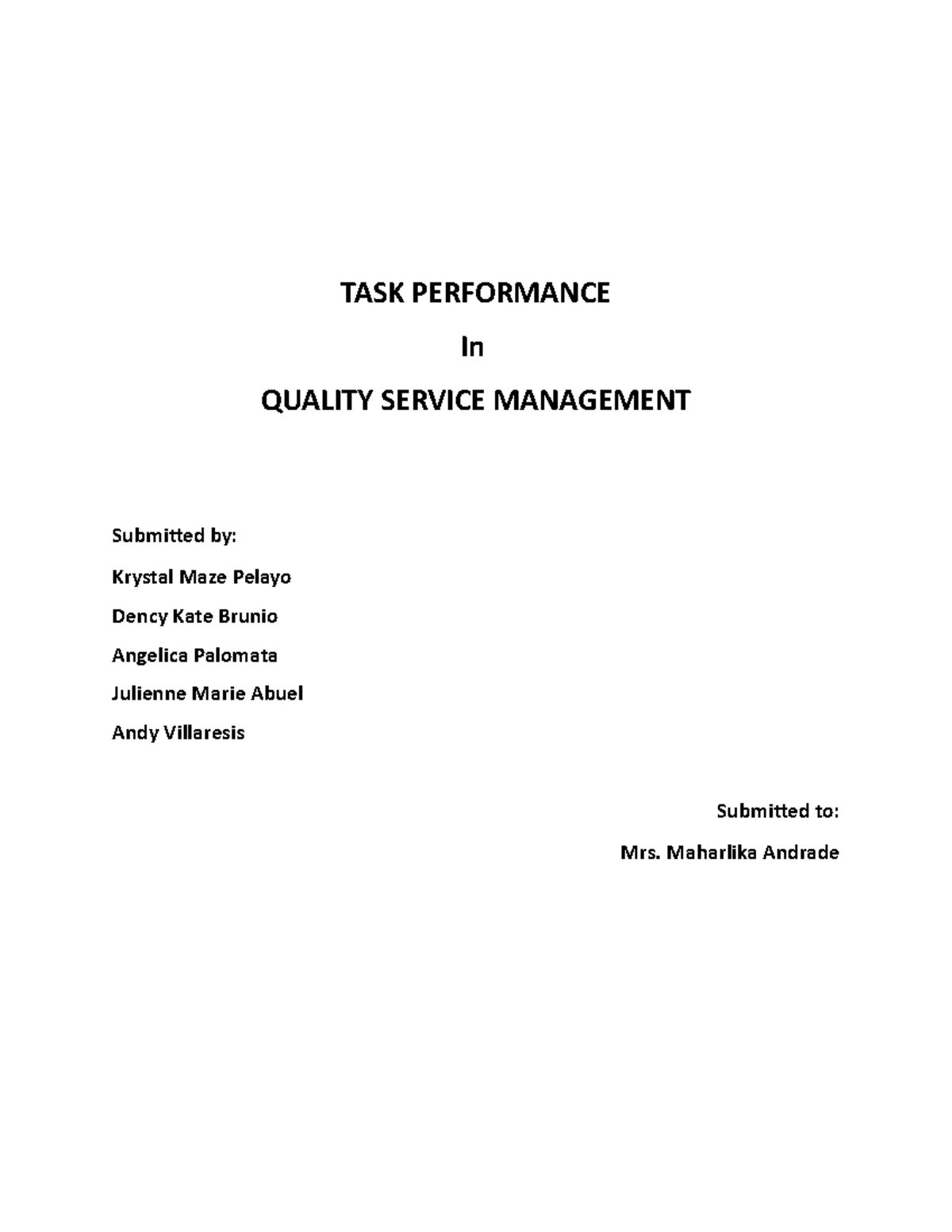 Prefi Task Performance in Quality - TASK PERFORMANCE In QUALITY SERVICE ...