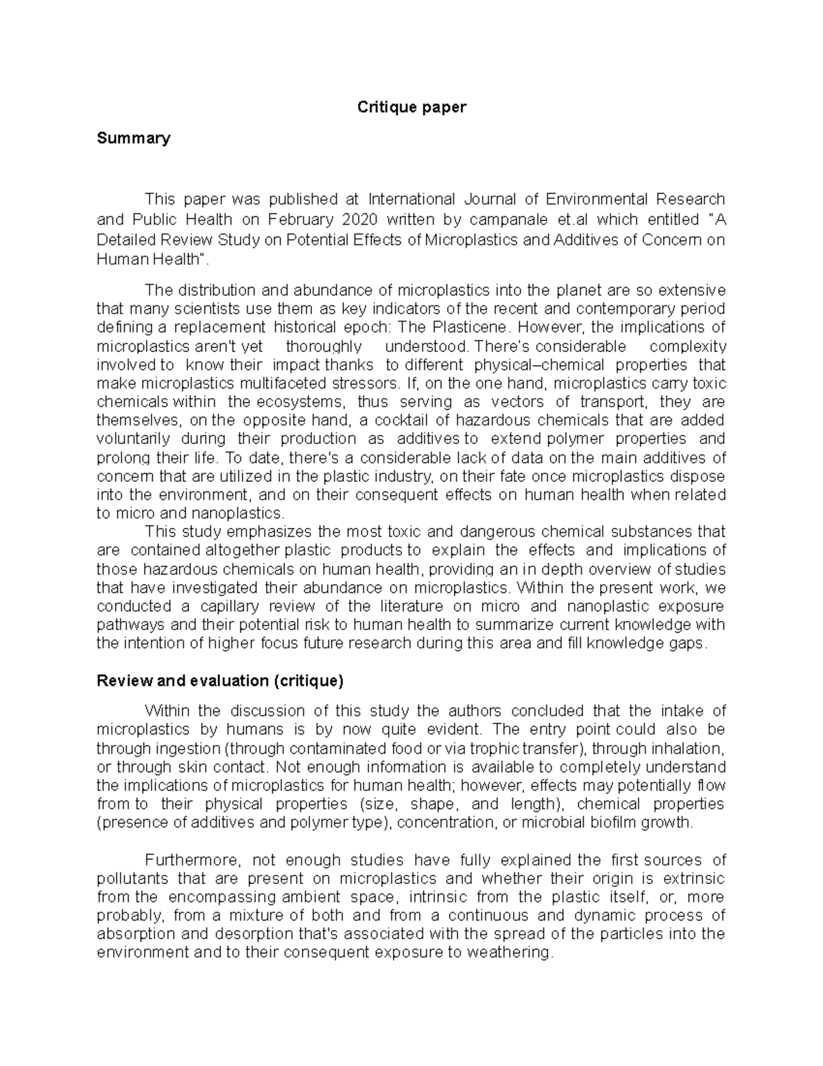 Critique paper natural science - Environmental Science - La Salle ...