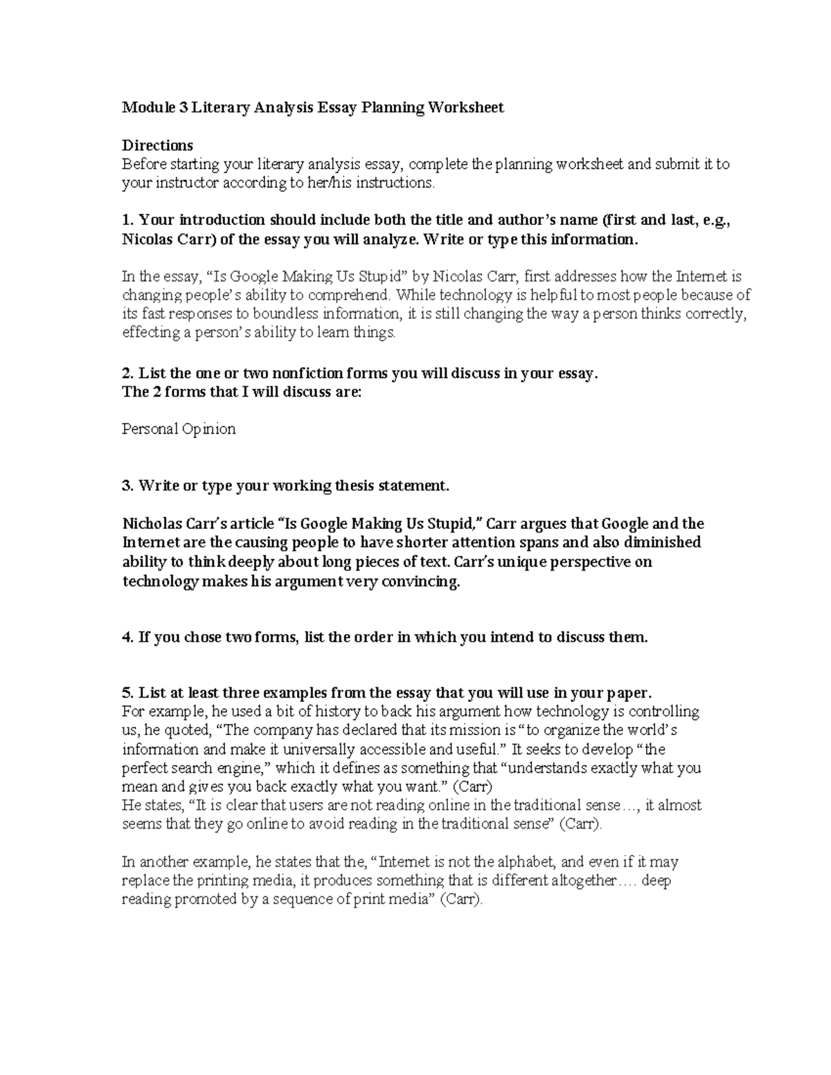 ENC 1102- Module 3 Literary Analysis Planning Worksheet - Module 3 Literary Analysis Essay ...