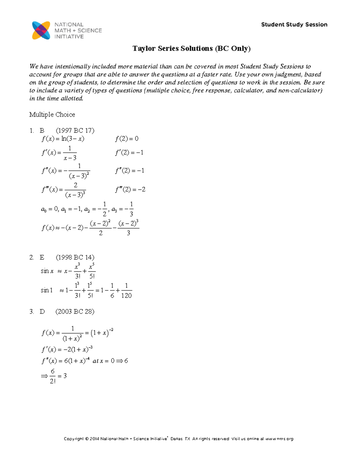 Taylor Series Packet Solutions - Student Study Session Taylor Series ...