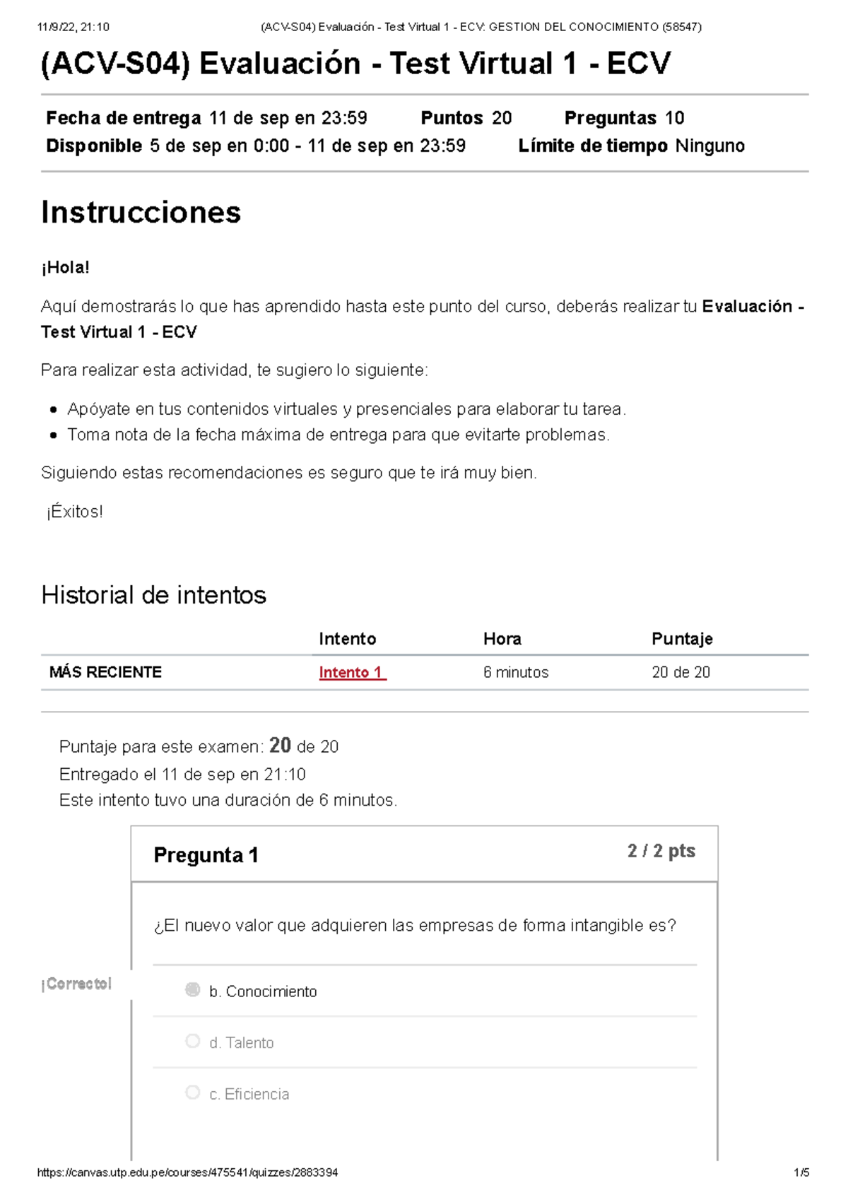 (ACV-S04) Evaluación - Test Virtual 1 - ECV Gestion DEL Conocimiento ...