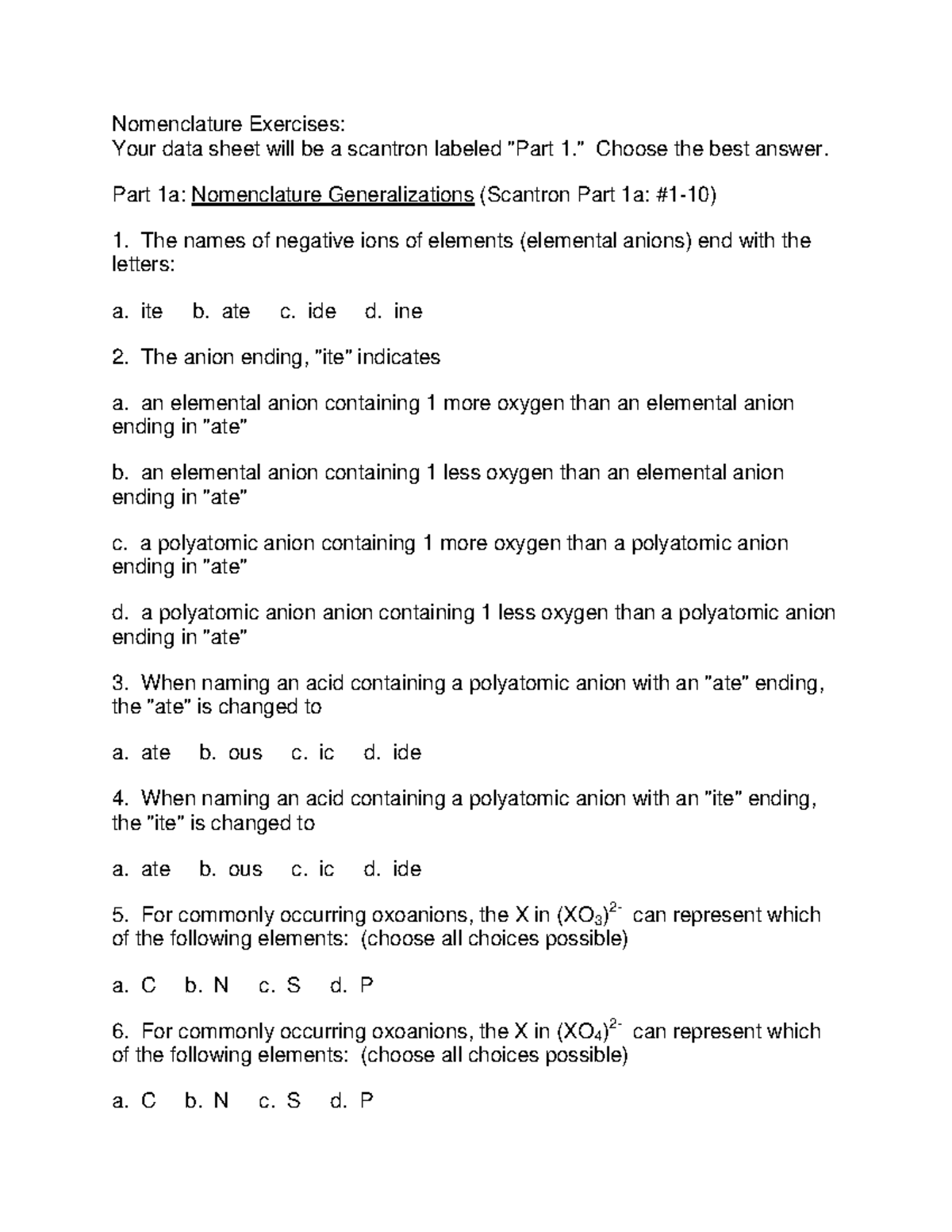 Nomenclature Part 1 - Nomenclature Exercises: Your data sheet will be a ...