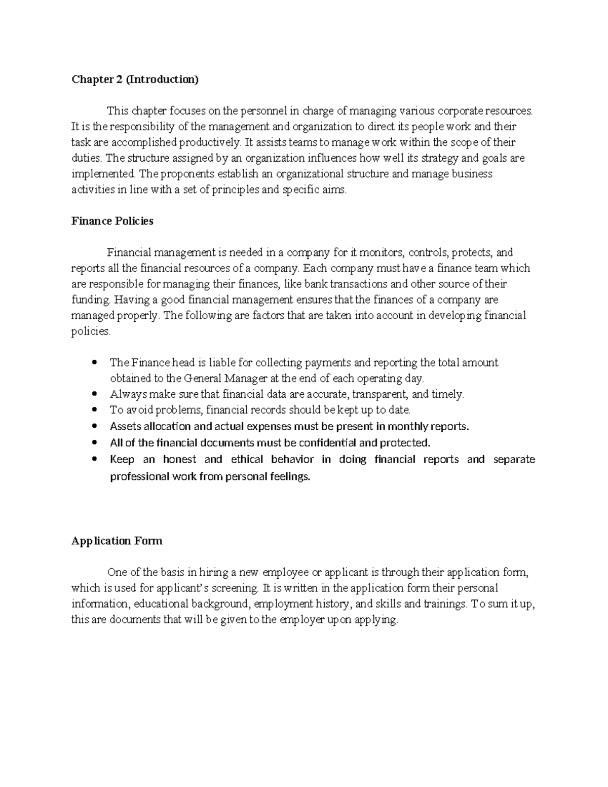 Chap 2 (intro, Finance Policies, App form) - Chapter 2 (Introduction) This chapter focuses on ...