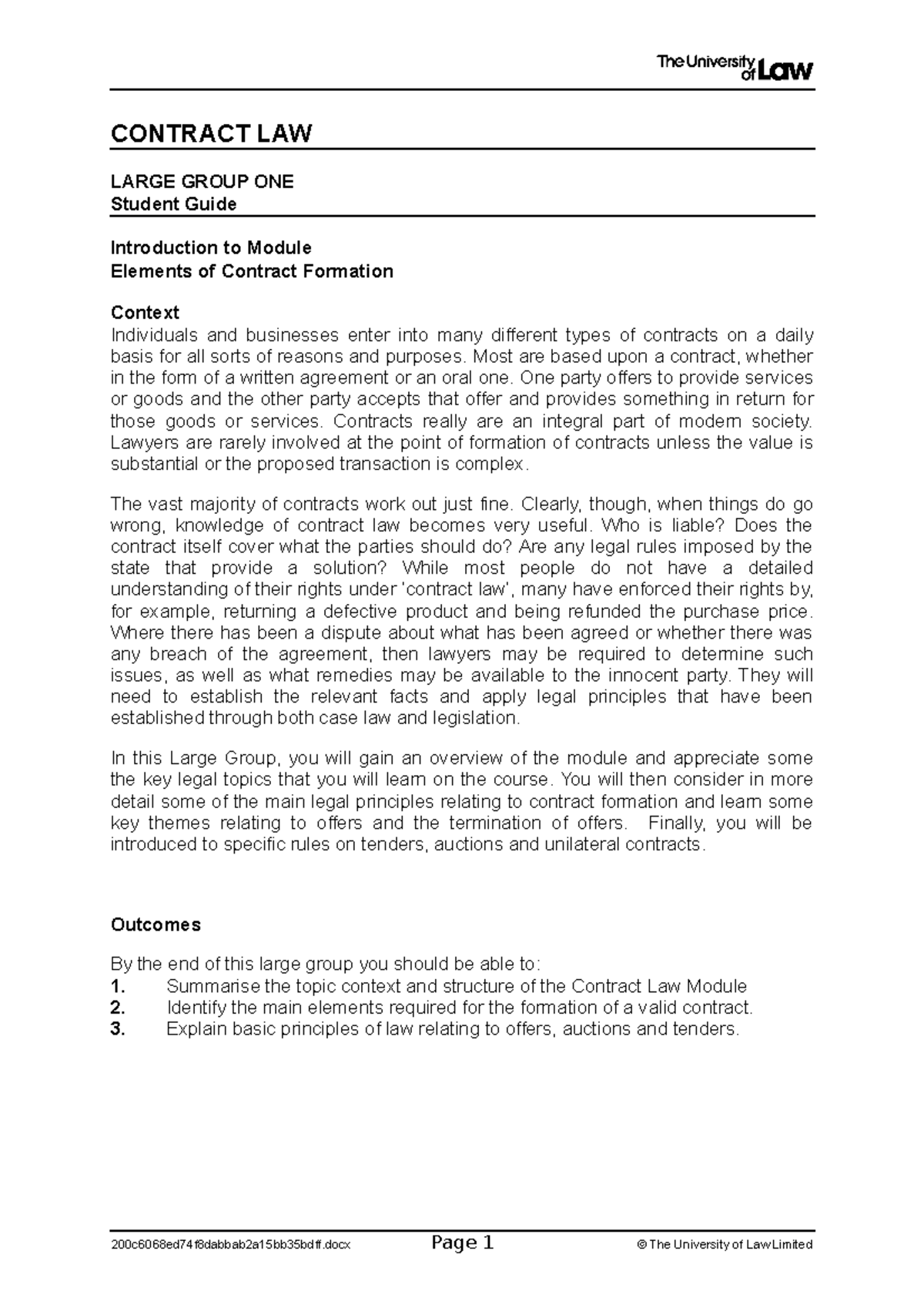 Contract LAW LG Notes - CONTRACT LAW LARGE GROUP ONE Student Guide ...
