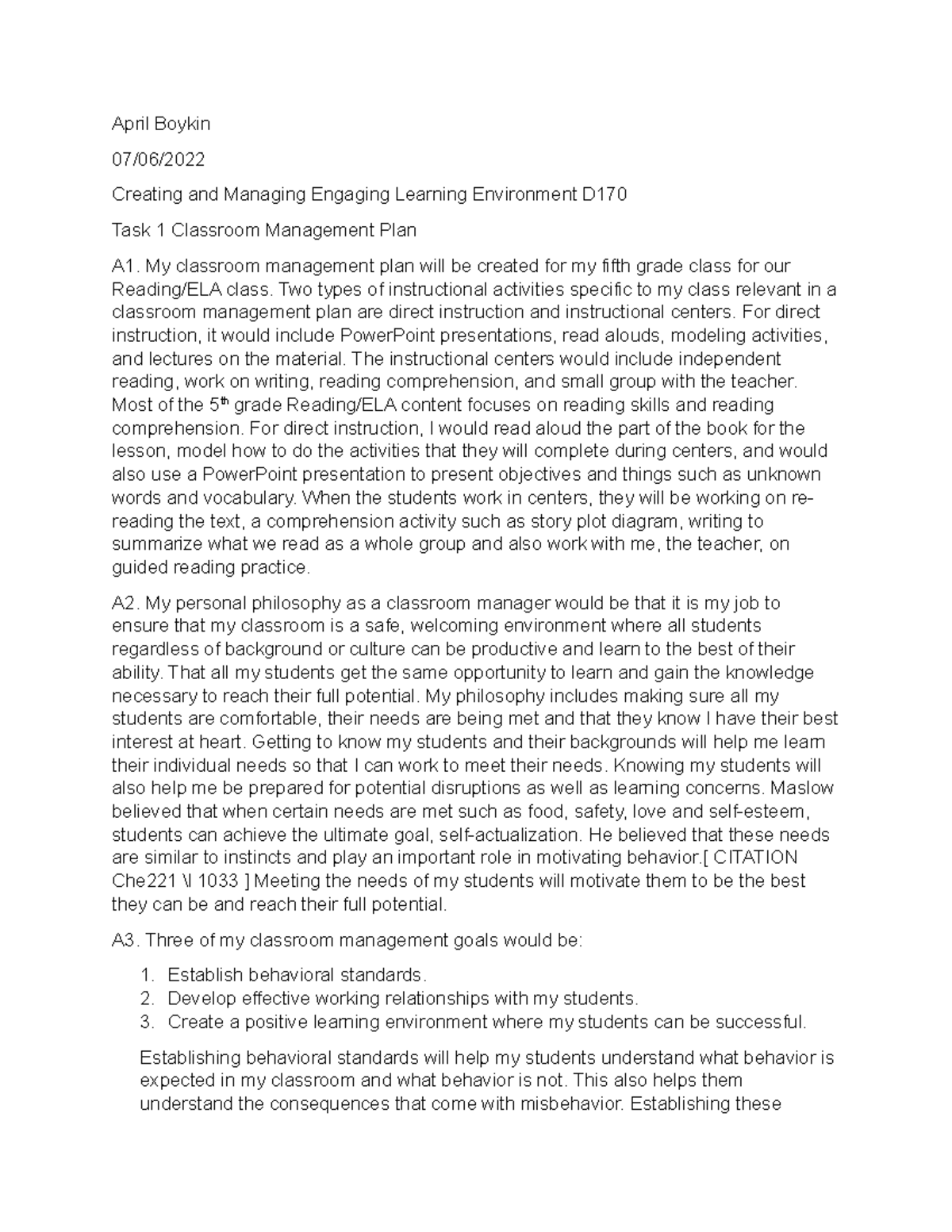 Creating And Managing Engaging Learning Environments Task 1 - April Boykin 07/06/ Creating and ...