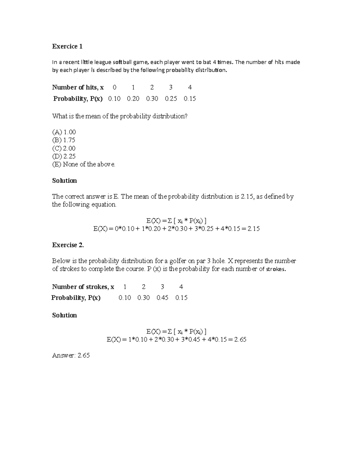 Exercises on the mean of a probability distribution - Exercice 1 In a ...