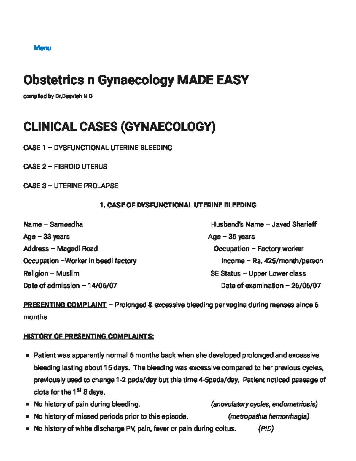 Clinical Cases ( Gynaecology) Obstetrics n Gynaecology MADE EASY ...