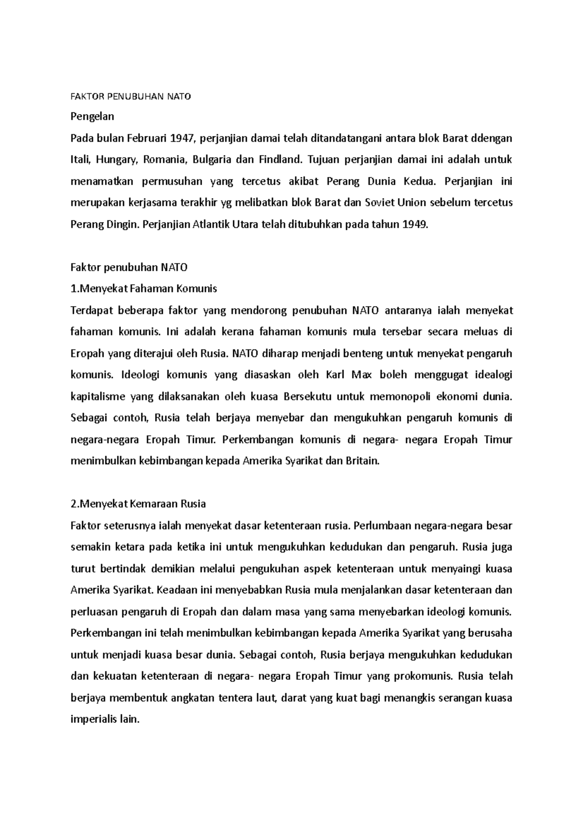 Faktor Penubuhan NATO - essay sejarah - FAKTOR PENUBUHAN NATO Pengelan ...