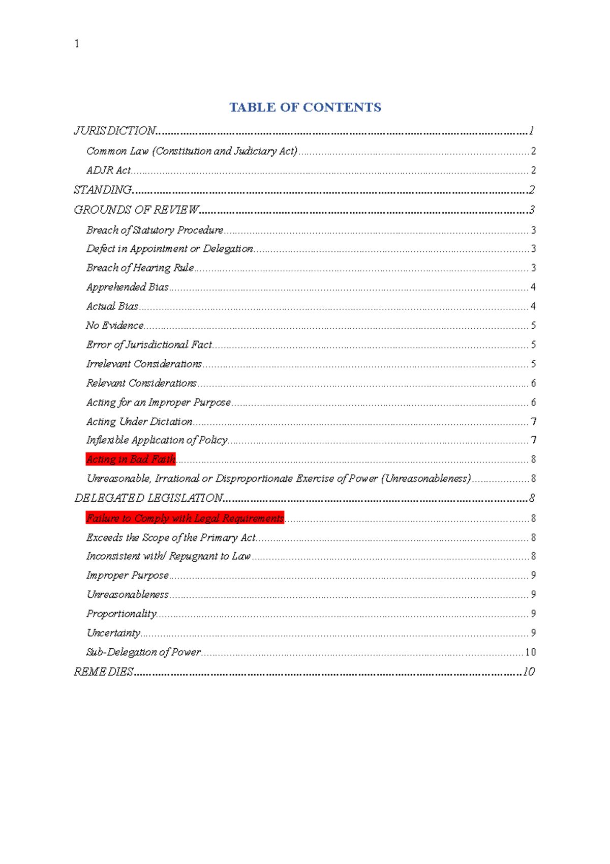 Jurisdictional Review Templates - TABLE OF CONTENTS - Studocu