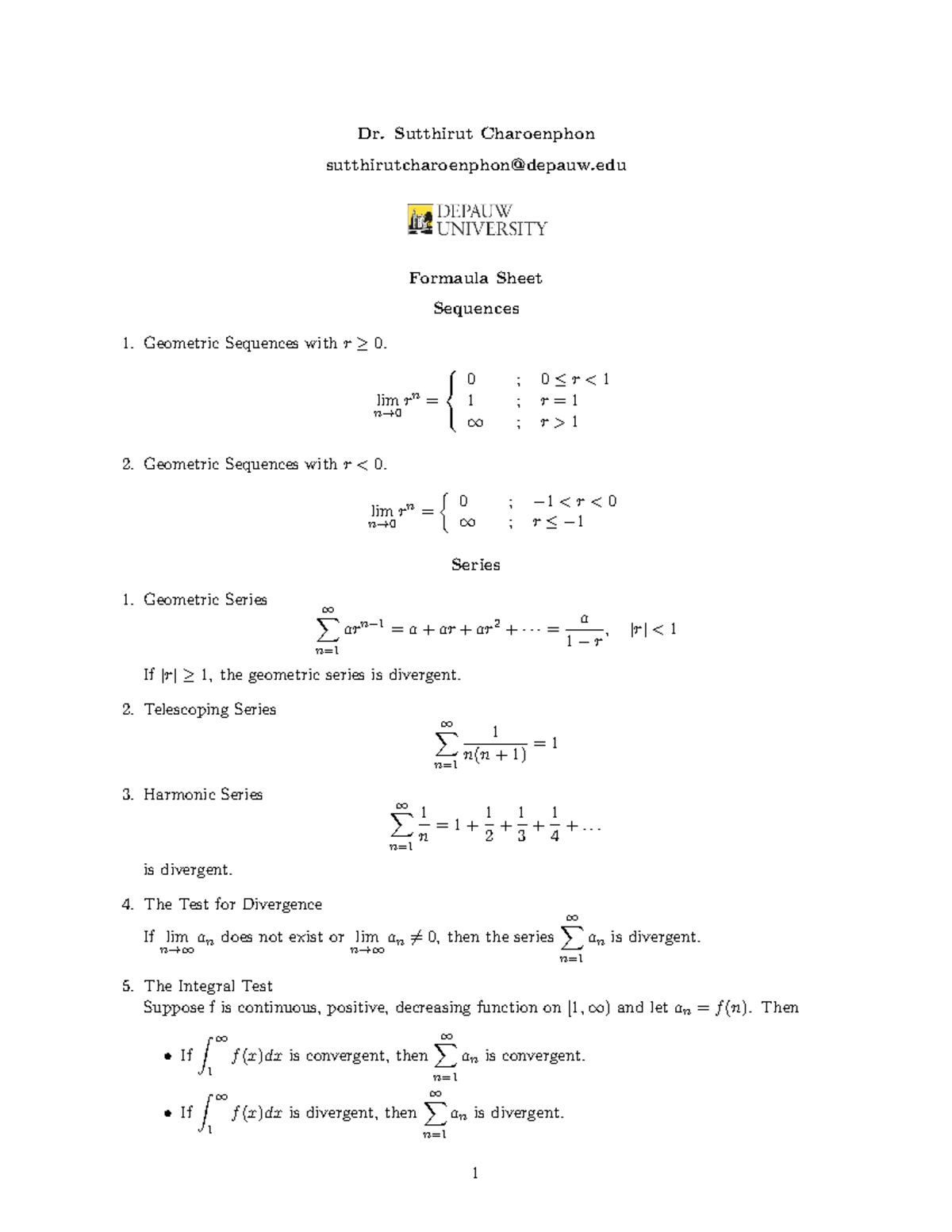 MATH 152 - Formula Sheet Series - Dr. Sutthirut Charoenphon ...