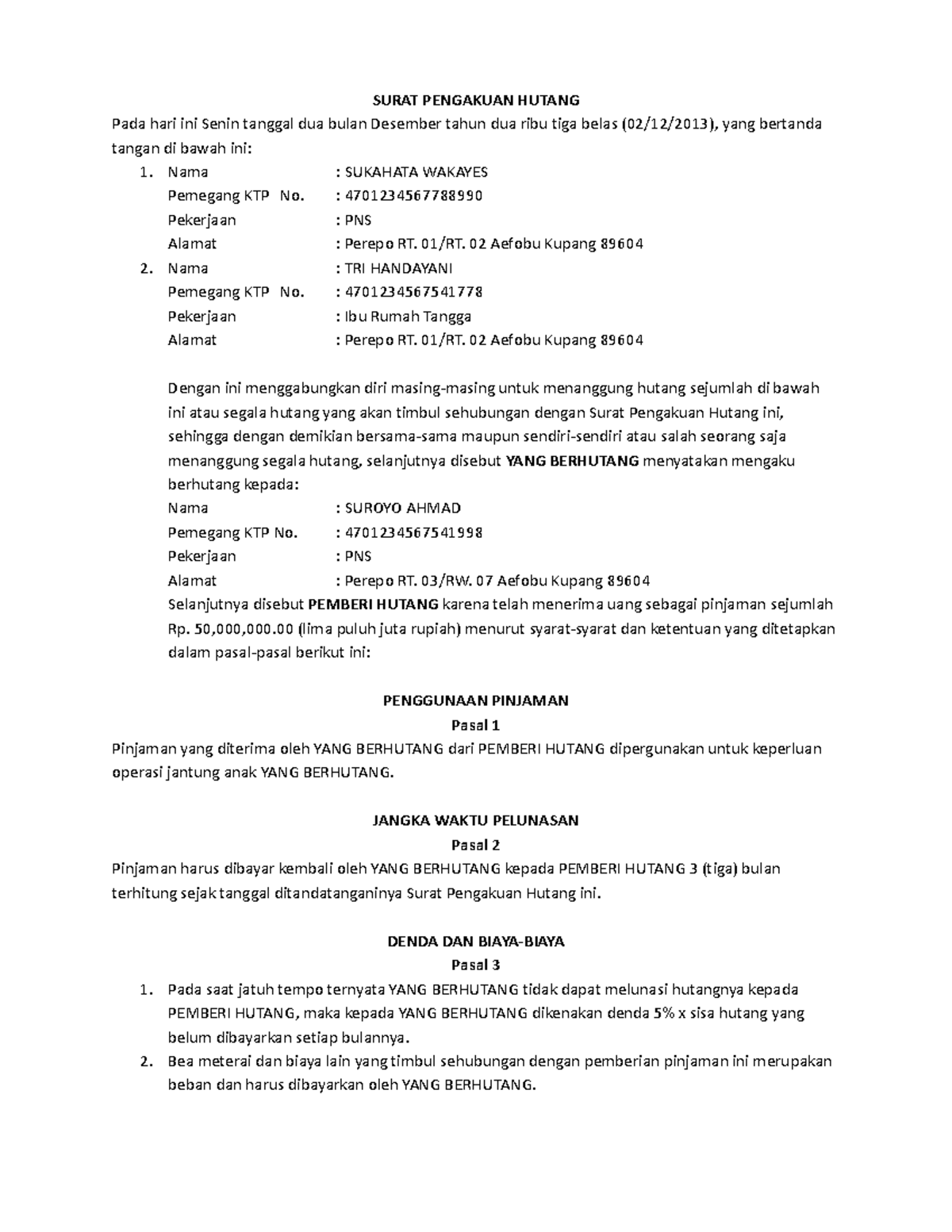 Contoh Surat Pengakuan Hutang - SURAT PENGAKUAN HUTANG Pada hari ini ...