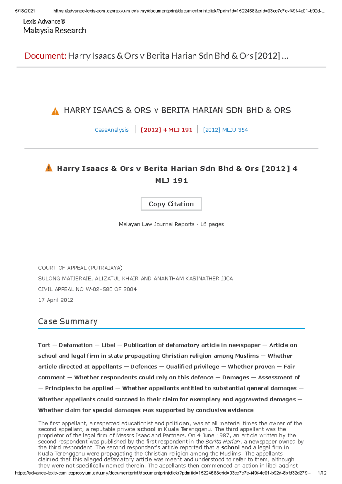 Harry isaac case defamation - Lexis Advance® Malaysia Research Document ...