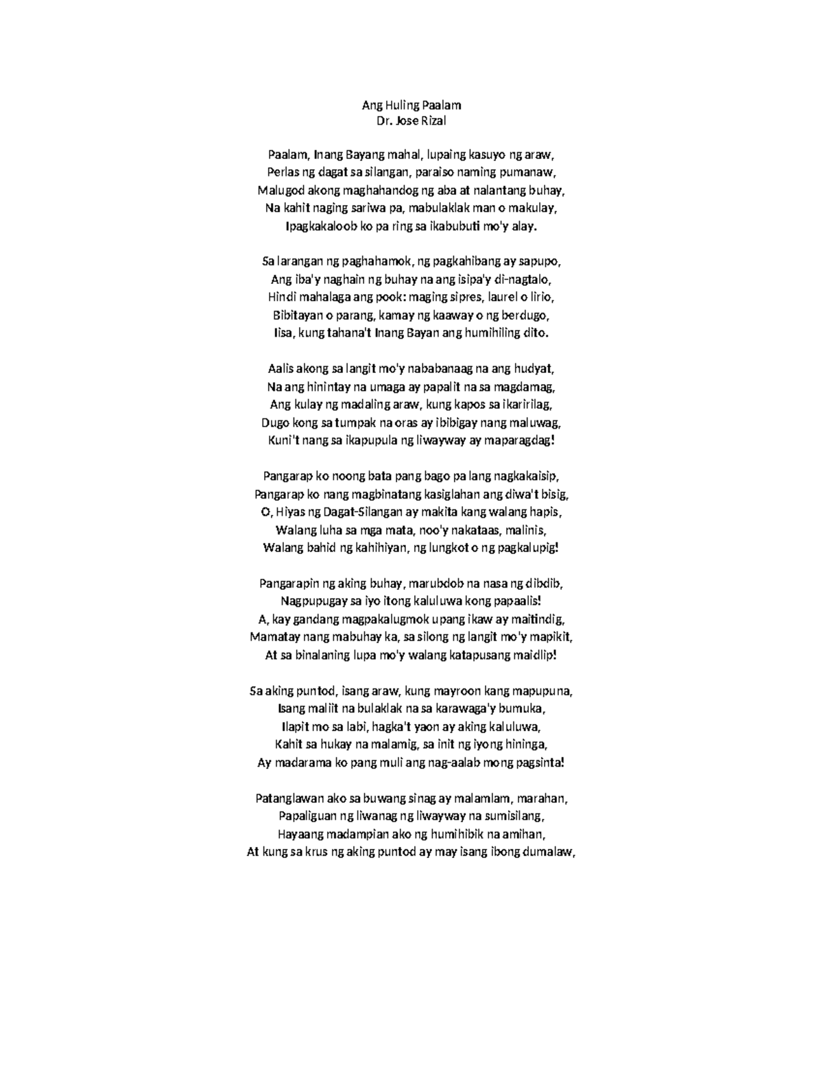 67546138 Ang Huling Paalam - Ang Huling Paalam Dr. Jose Rizal Paalam ...