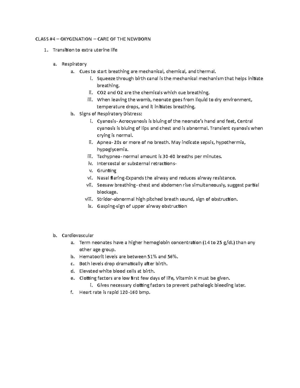 Class 4 notes OB - niotes - CLASS #4 – OXYGENATION – CARE OF THE ...