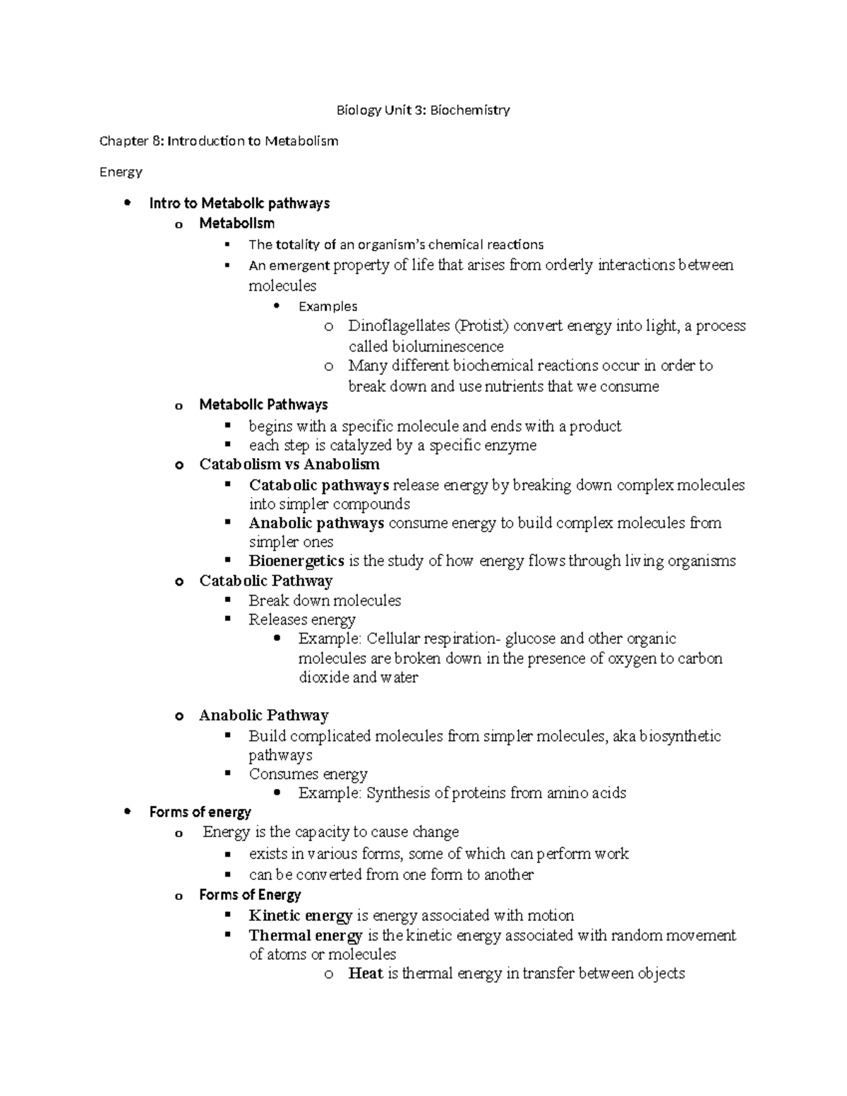 Biology Unit 3 - notes - ####### Biology Unit 3: Biochemistry ...
