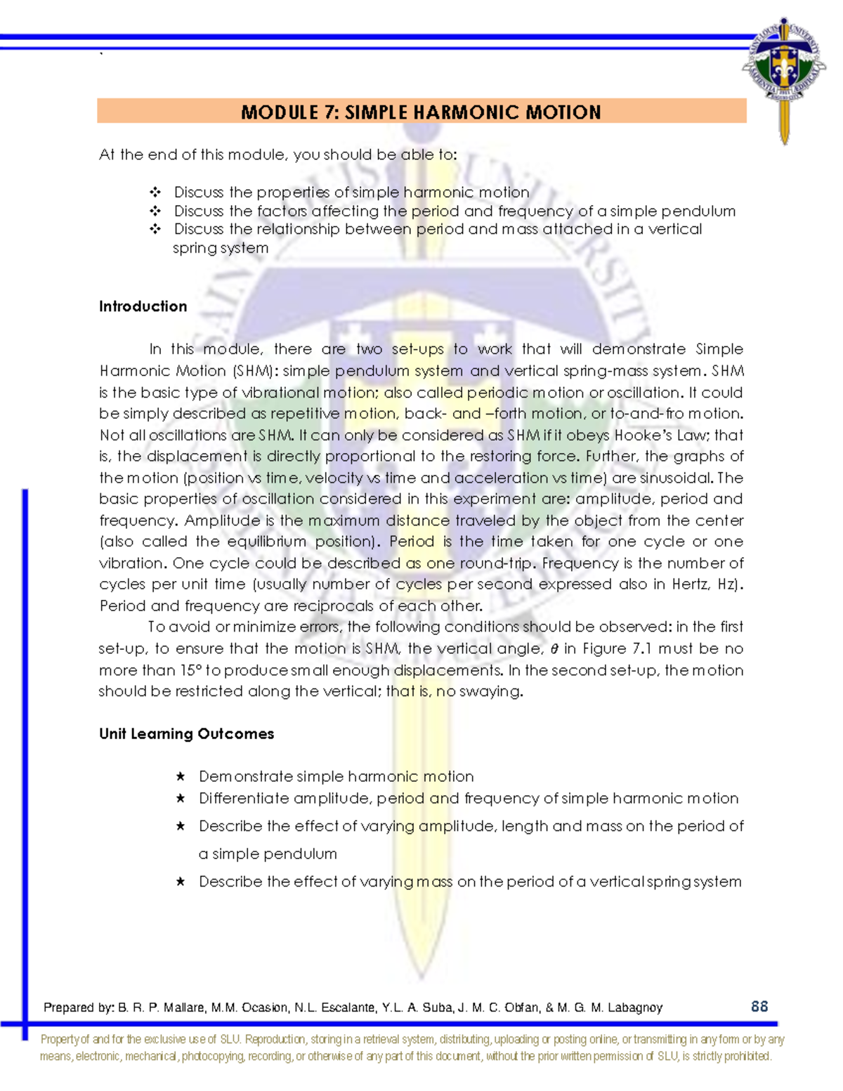 BSCE-1 Physics lab module 7 simple harmonic motion - Property of and ...