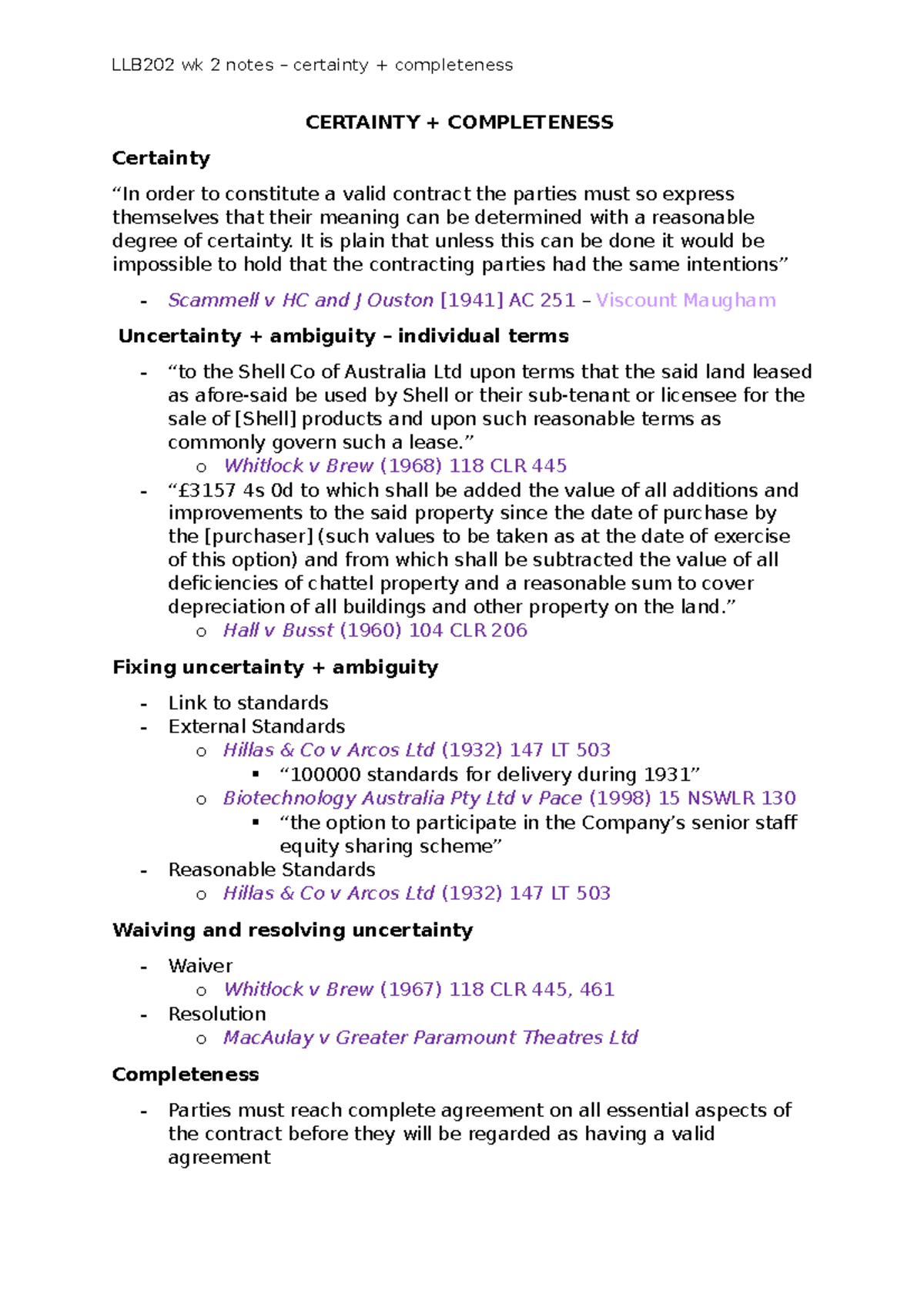 LLB202 week 2 notes - certainty + completeness - LLB202 - QUT - Studocu