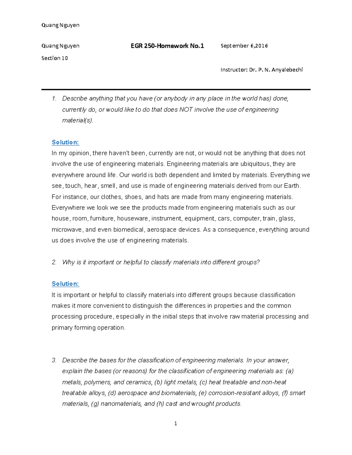 Hw1250 - Homework 1 material science and engineering - Quang Nguyen EGR ...