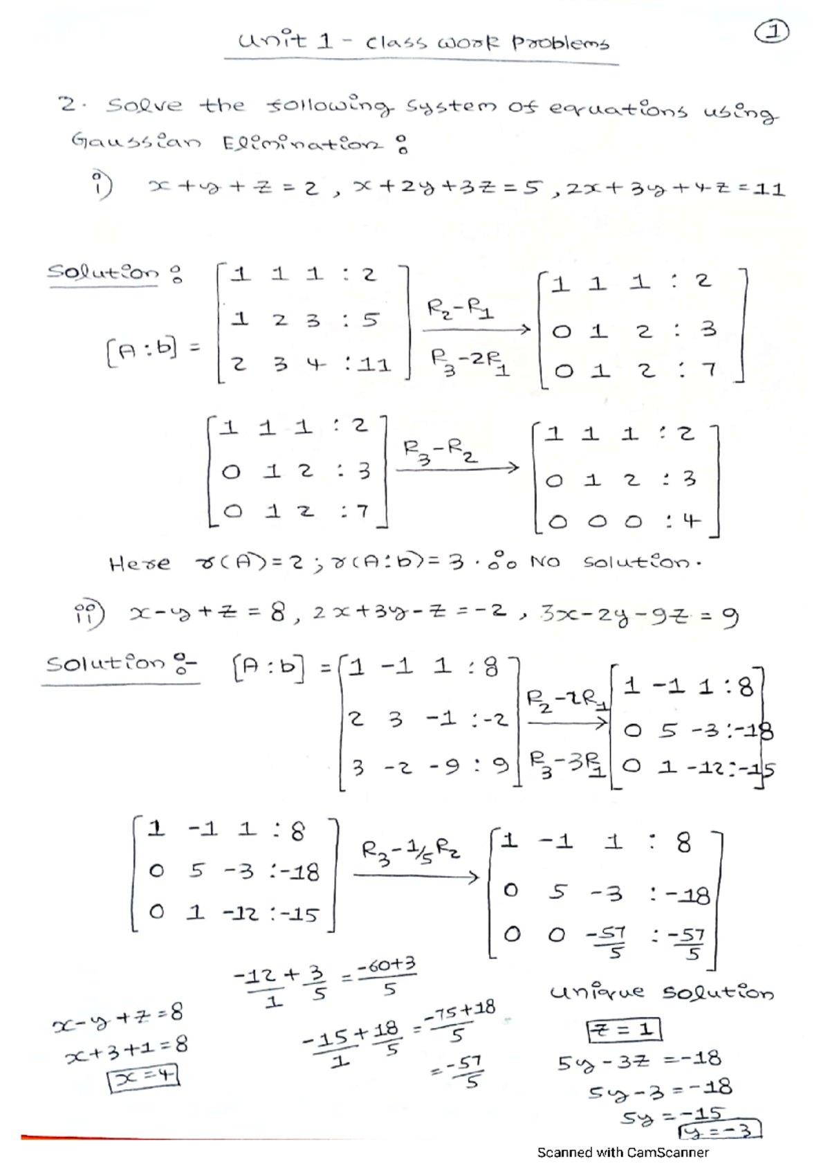 LAA Unit1 QA - unit class work problems 1 2. solve the following System of equations using ...