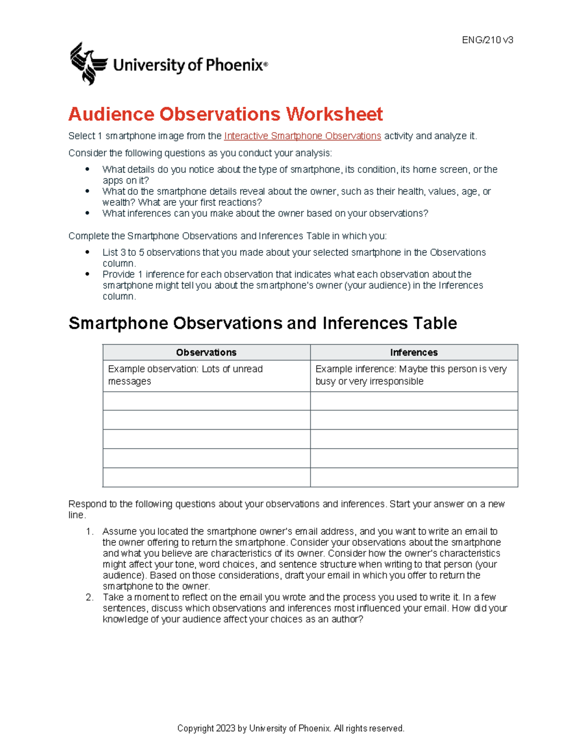 Eng210 v3 wk1 audience observations worksheet - ENG/210 v Audience ...