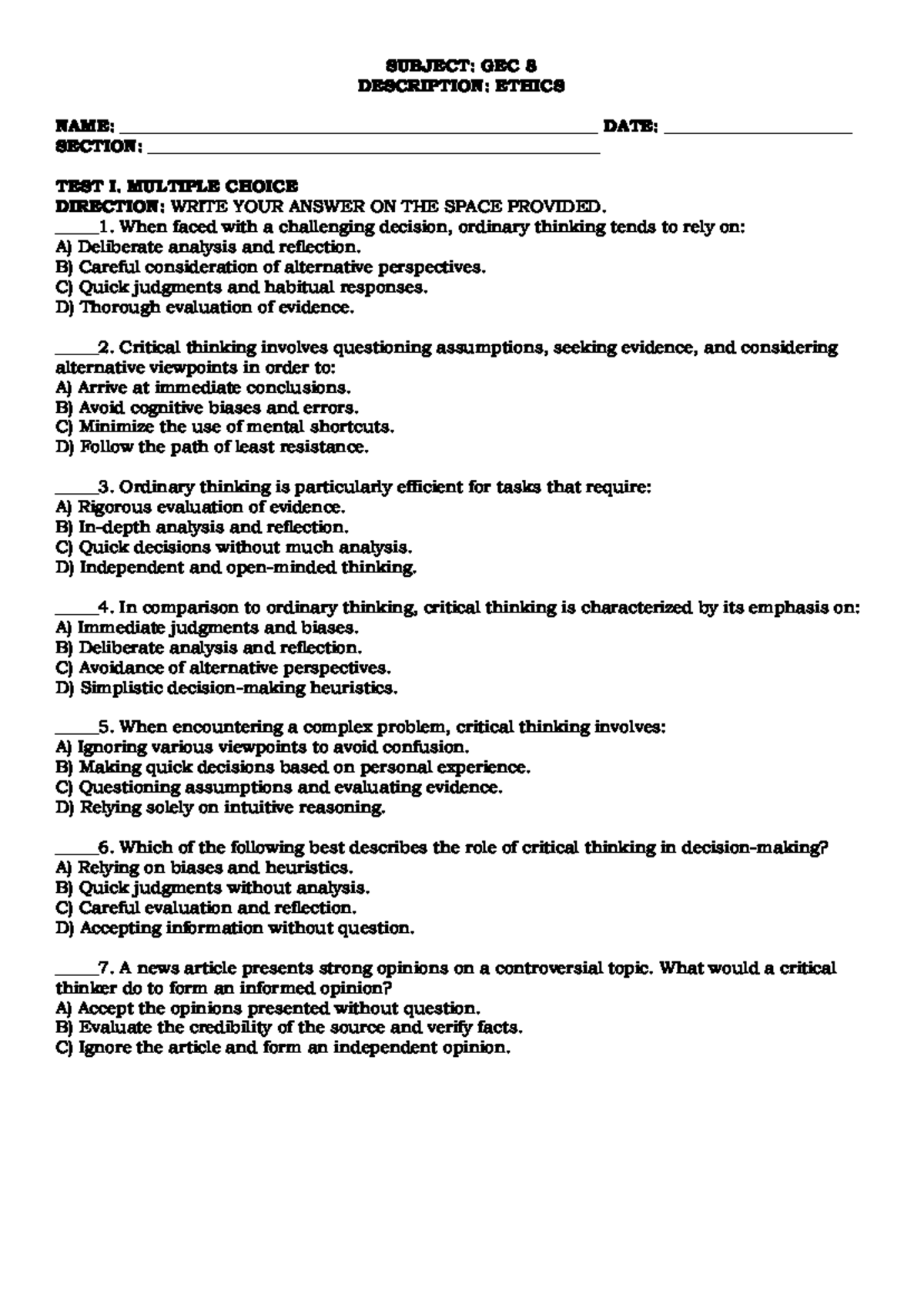 Ethics- Lesson 2-4 Worksheet - DESCRIPTION: ETHICS NAME: - Studocu