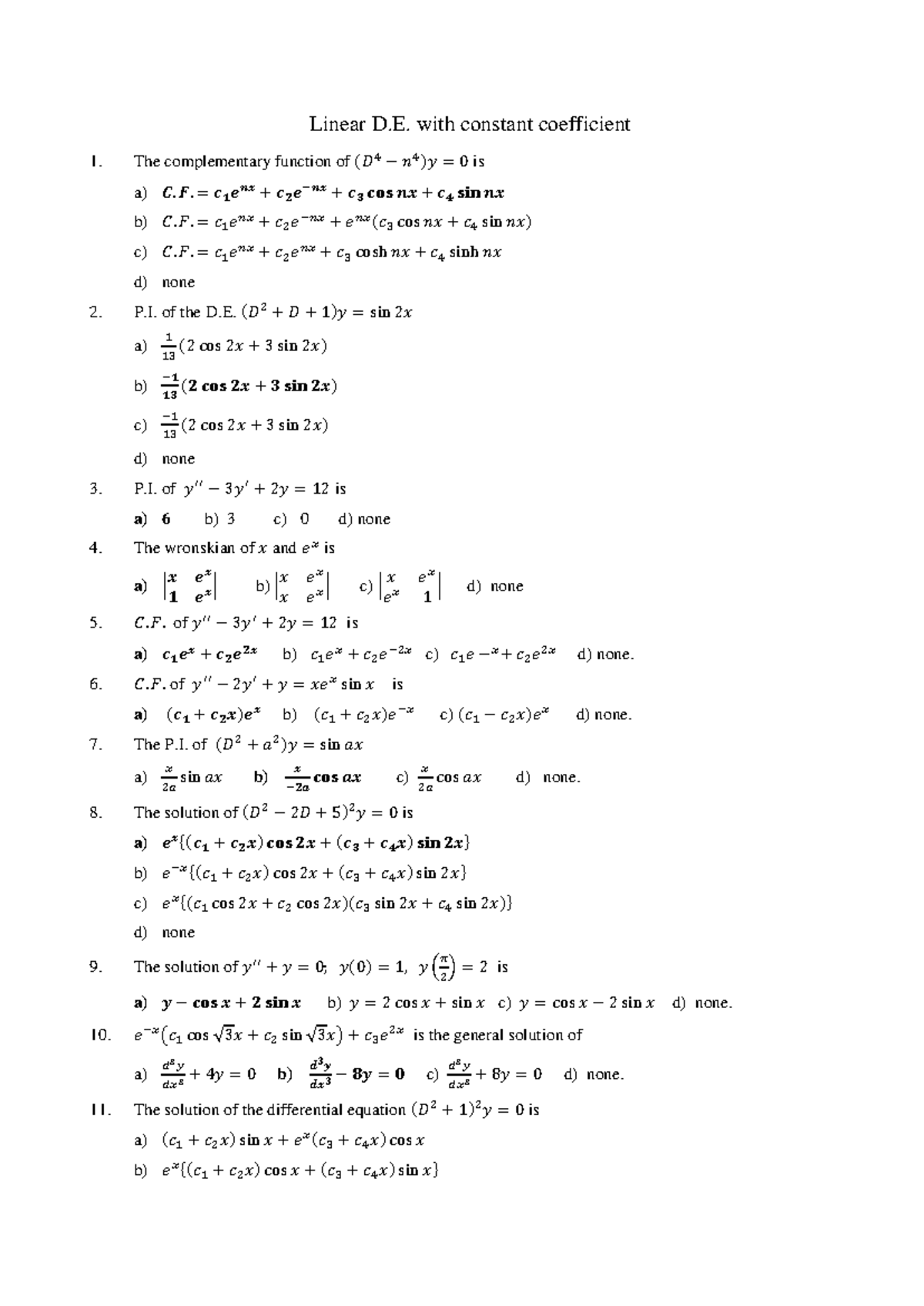 MCQ s on LDE with constant coefficient - Linear D. with constant coefficient The complementary ...